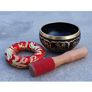 DharmaObjects ~ Tibetan 8 Lucky Symbols Singing Bowl Set ~ With Mallet, Brocade Cushion & Carry Bag ~ For Meditation, Chakra Healing, Prayer, Yoga