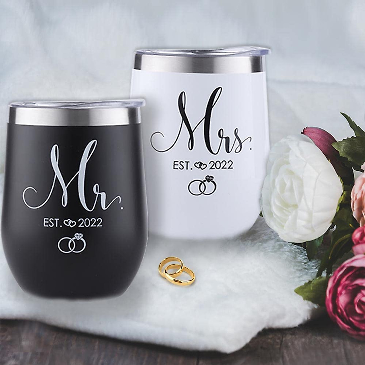 Sparkle Moment Mr and Mrs Est 2022 Wedding Gift Set -12 oz Stainless Steel Wine Tumbler/Cup/Mug/ Bridal Shower/Bride to be/Engagement/Bachelorette Party for Newlyweds Couples (12 oz, Black & White)