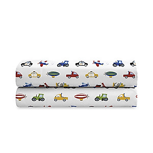 Dream Factory Kids Sheet Set Lightweight Microfiber Bed Sheets Super Soft Easy Wash Cozy Bedding 10” Pocket - Twin, Blue Trucks Tractors Cars