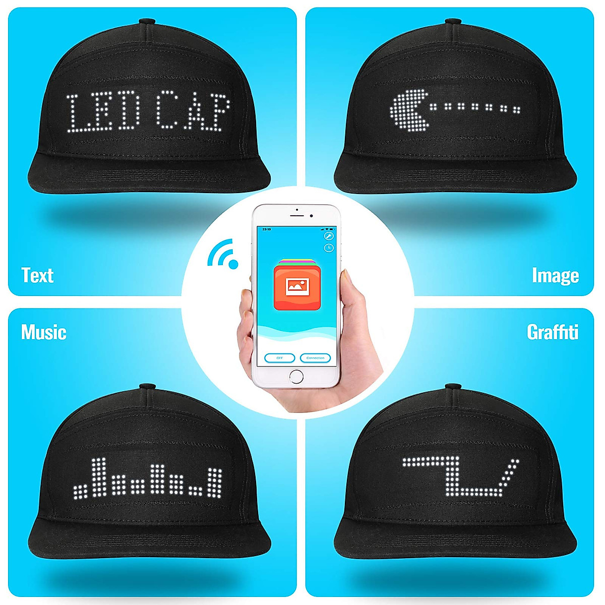 LIOVODE LED Hats,LED Caps Display Message Bluetooth Editable Cool Hat for Party Black