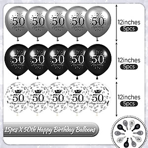 50th Birthday Balloons Black Silver Party Decorations 15pcs 12 inch Latex and Confetti Balloon Printed with Happy Birthday 50th for Women Men 50th Anniversary Happy Birthday Party Decor Supplies