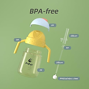 Piifur Weighted Straw Sippy Cup with Extra Straw Set, Spill Proof Water Bottle with Fixed Handle for Baby 6+ Months, 10 Ounce (Yellow)