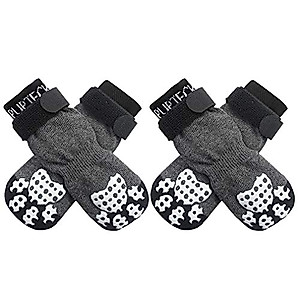 PUPTECK Double Side Anti-Slip Dog Socks with Adjustable Straps for Small Medium Large Dogs Indoor Hardwood Floor, 2 Pairs Pet Paw Protection Traction Control Grip Socks Prevents Licking, Grey L