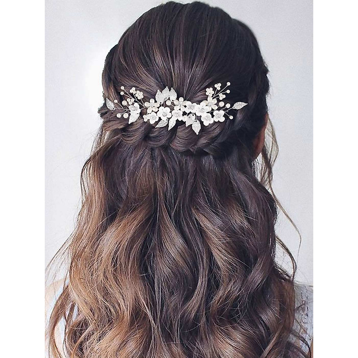 GORAIS Flower Bride Wedding Hair Vine Silver Pearl Bridal Headpiece Floral Leaf Hair Piece Hair Accessories for Women and Girls