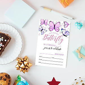 UDNADKEX Butterfly Birthday Invitations for Girl with Envelopes, Invites for Birthday Party Purple Butterfly, Butterfly Birthday Party Invite Cards, Our Little Butterfly, 4"x6" Set of 20