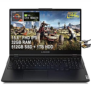 Lenovo Flagship 2021 Legion 5 Gaming Laptop 15.6" FHD 144Hz AMD Octa-Core Ryzen 7 4800H (Beats I7-9750H) 32GB DDR4 512GB SSD 1TB HDD GTX 1660Ti 6G Backlit Webcam Win 10 + HDMI Cable
