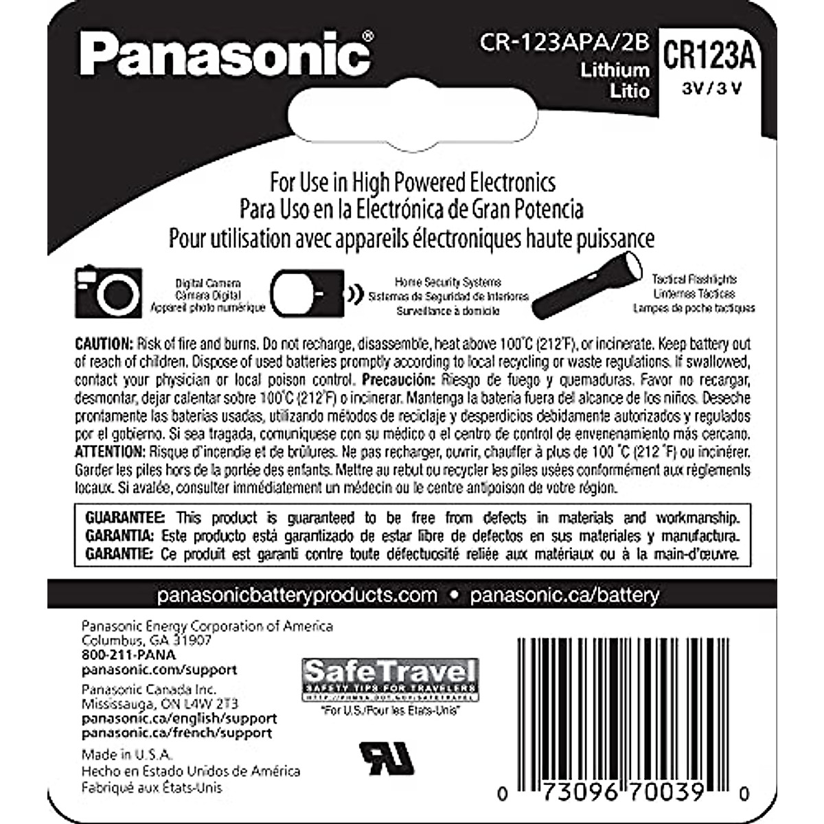 Panasonic CR123A 3V Long Lasting Lithium Batteries for Tactical Flashlights, Home Security Systems, Cameras, Lighting Equipment and Other Devices, 2-Battery Pack