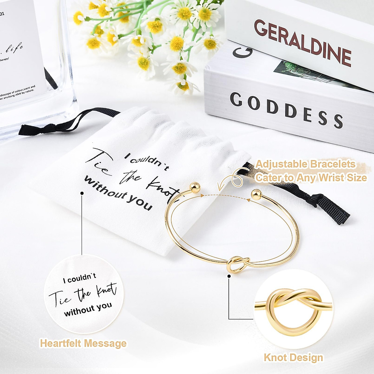 CEELGON 16 Pcs Jewelry Pouch Bridesmaid Gifts Set of 8 Linen Cotton Small Drawstring Bags & Bridesmaid Knot Bracelet Jewelry Packaging Bridesmaid Proposal Gift Bridal Party Favors Gifts (Gold)
