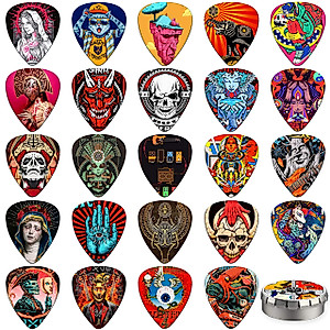 Guitar Picks,24 Pack Celluloid Thin, Medium, Heavy & Extra Heavy Picks with Tin Box,Unique Artistic Variety Pack Guitar Pick for Acoustic Guitar,Bass Guitar, Electric Guitar (Mix three)