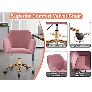 Velvet Desk Chair Height Adjustable - Modern Office Chair Vanity Chair for Makeup Room, Soft Upholstered Office Chair Accent Chairs with Wheels, Pink Velvet Chair Swivel Chairs for Living Room Bedroom