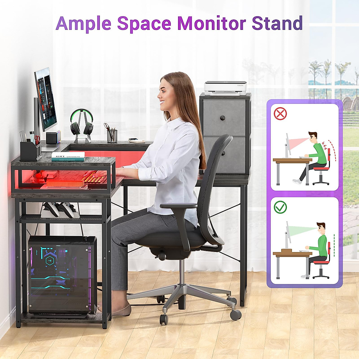 armocity L Shaped Desk with Drawers, Reversible Corner Computer Desk with LED Light & Power Outlet, 50'' L-Shaped Gaming Desk with Long Monitor Shelf, Home Office Desk for Small Corner Space, Grey