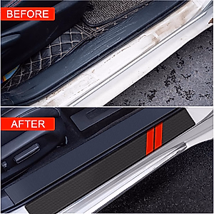 REMOCH Door Sill Protector for Dodge Charger Challenger Durango Accessories Car Door Entry Guard Sill Protector with Plastic Scraper Carbon Fiber Leather Threshold Stickers（Red, 4PCS）