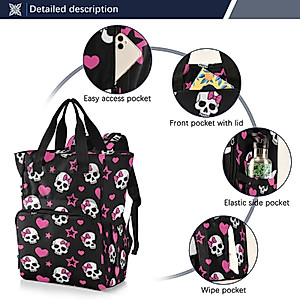 MNSRUU Diaper Bag Pink Hearts and Skulls Diaper Bag Backpack Multifunction Diaper Bag Tote For Baby Boy Girl Large Capacity Toddler Baby Changing Bags for Moms Dads