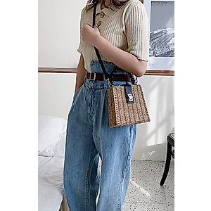 QZUnique Straw Bucket Bags for Women Top Handle Drawstring Woven Handbag Shoulder Bag Summer Beach Purses with Bamboo Handle