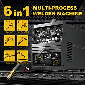 GZ GUOZHI 200A MIG Welder, 6 in 1 Stick Welder/Gas MIG/Gasless Flux Core MIG/Lift TIG/Spot welding/Spool Gun Multi-Process, 110V/220V Welding Machine with Dual LCD Digital Display (US Connector)