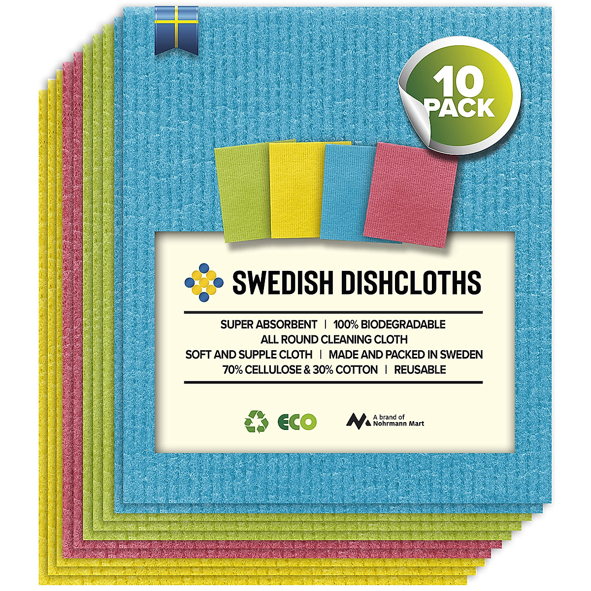 Swedish Dish Cloths - 10 Pack Absorbent, Reusable, & Washable Hand Wash Cloths for Kitchen, Dishwashing - Cellulose Sponge Dishcloth Towels - Eco-Friendly Cleaning Paper Towel Alternative