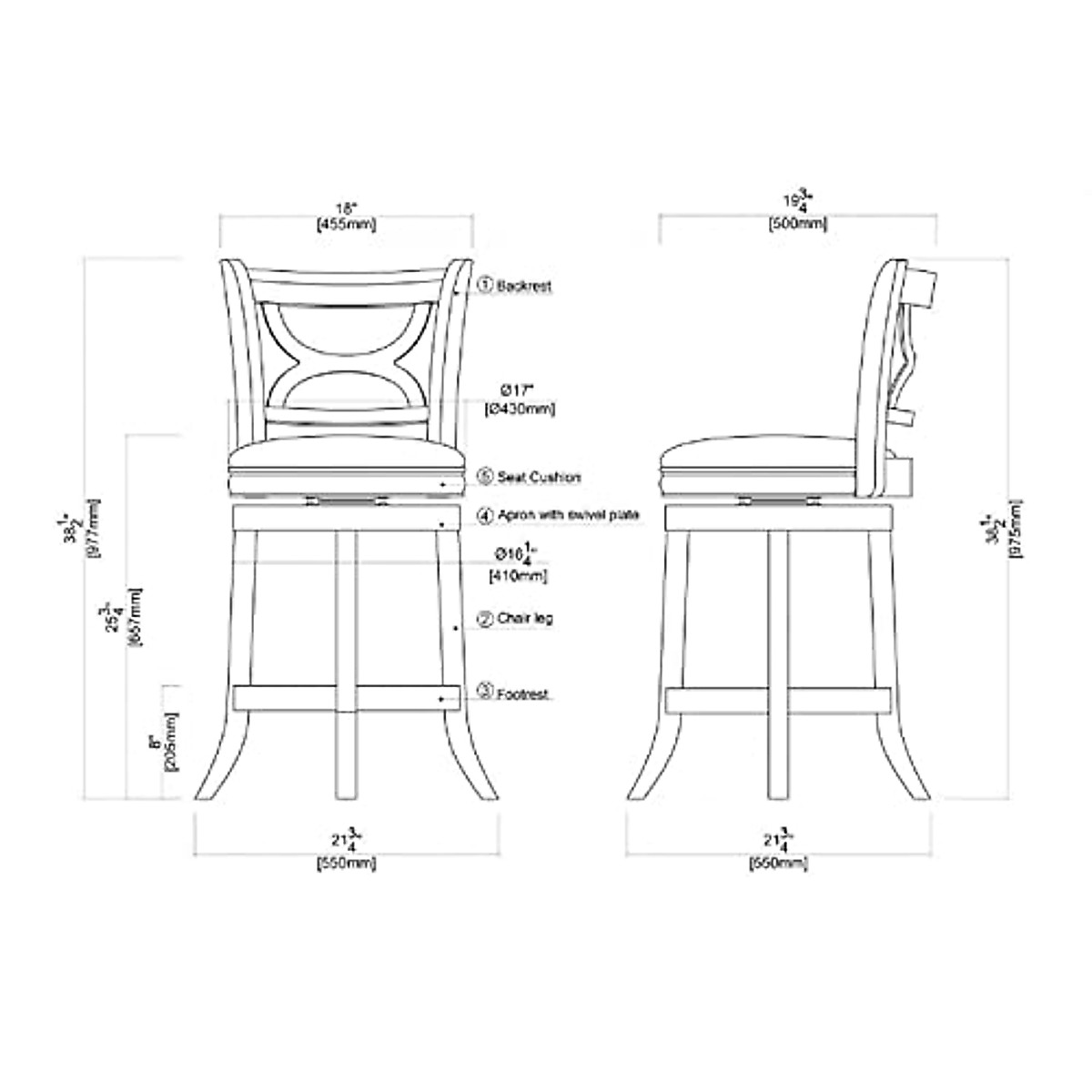 Boraam Florence 24" Counter Height Wood Swivel Stool, Black Sandthru