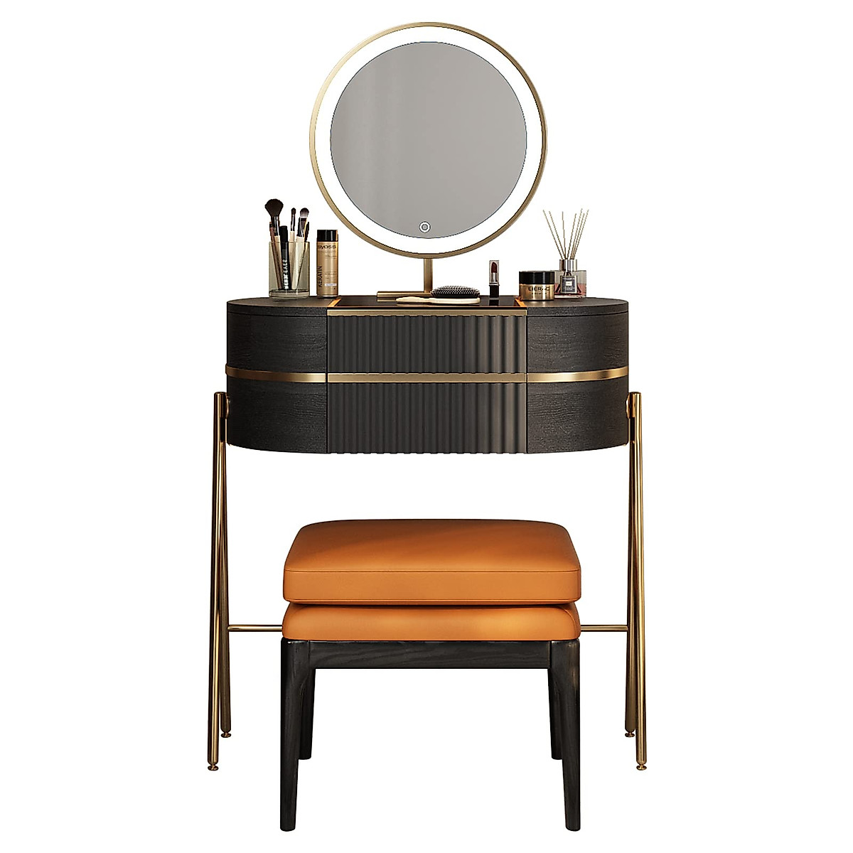 Lartis Makeup Vanity Table with Light, Black Dressing Table with Makeup Stool and Adjustable LED Mirror,Storage Dressing Small Vanity Desk with drawers, Smoky Black Vanity Table Set