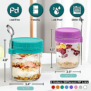 ZIZOTI 8 Packs Glass Overnight Oats Containers with Lids and Spoons,2 Size 16 Oz & 10 Oz Mason Overnight Oat Jars, Airtight Breakfast Meal Prep Glass Container to Go for Chia Yogurt Salad Cereal Fruit
