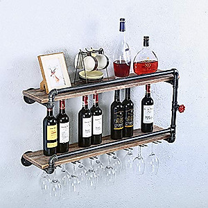 TANGGU Industrial Wine Racks Wall Mounted with 7 Stem Glass Holder,2-Tiers Rustic Metal Hanging Wine Holder,36in Wall Mount Bottle Holder,Pipe Shelves Kitchen/Living Room/Home Wood Wine Shelf