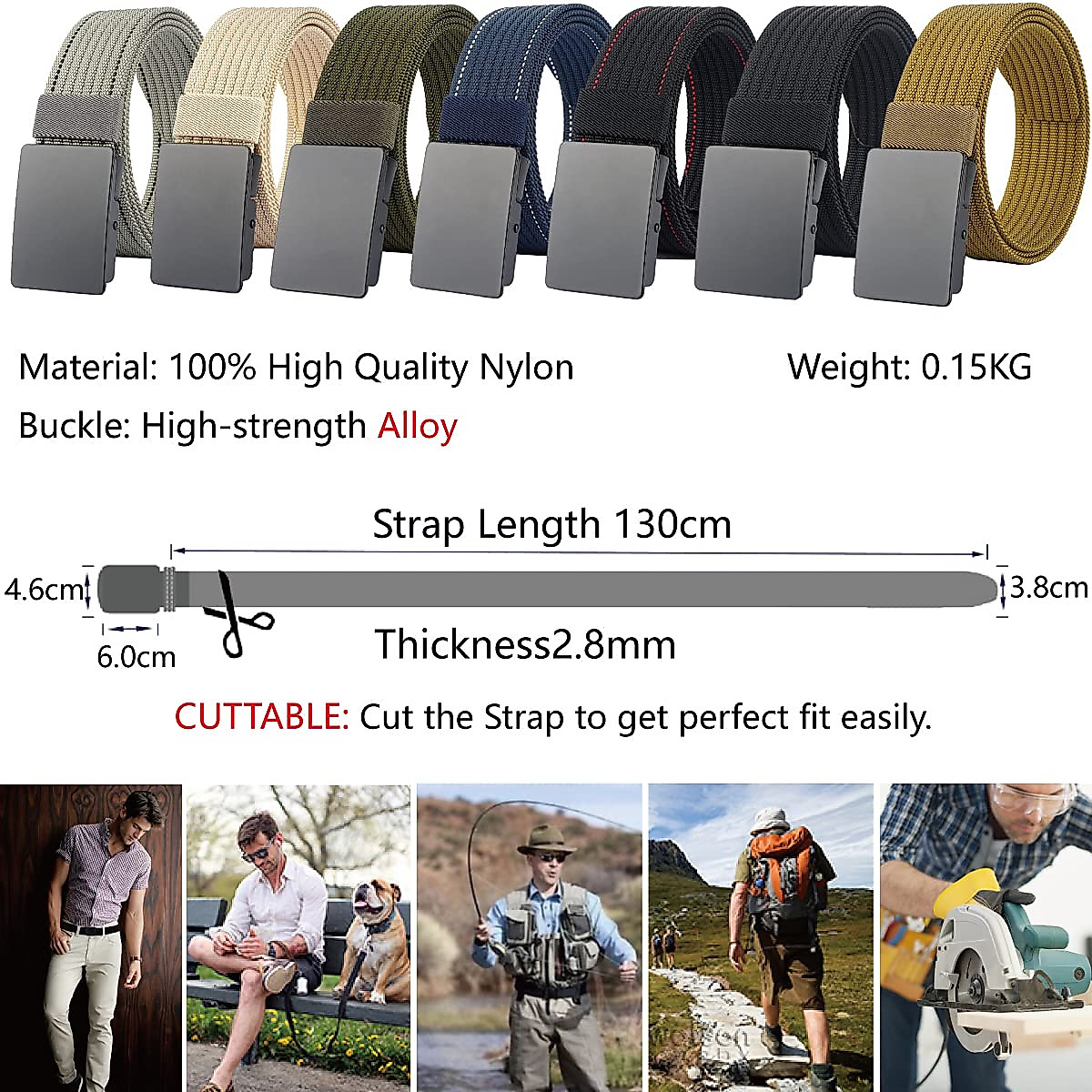 Mens Web Belts for Work, Metal Buckle Field Belt for Outdoor Sport Golf Hiking Skiing, Adjustable for Pants Size Below 46inches[53" Long 1.5" Wide](Black)