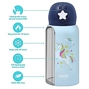 DAMML Kids Water Bottle, insulated stainless steel thermos with Leak-proof straw(Girls/Boys) Reusable Water Bottle Shoulder Strap Suitable for School - Cute Unicorn, 17OZ(Blue)