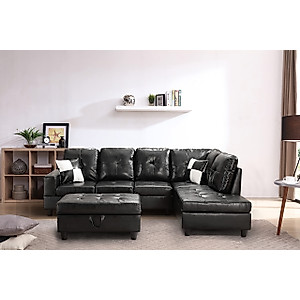 GINGVAT Black Faux Leather Sectional Sofa, L Shaped Couch with Right Chaise Storage Ottoman & 2 Pillows for Living Room Furniture Sets