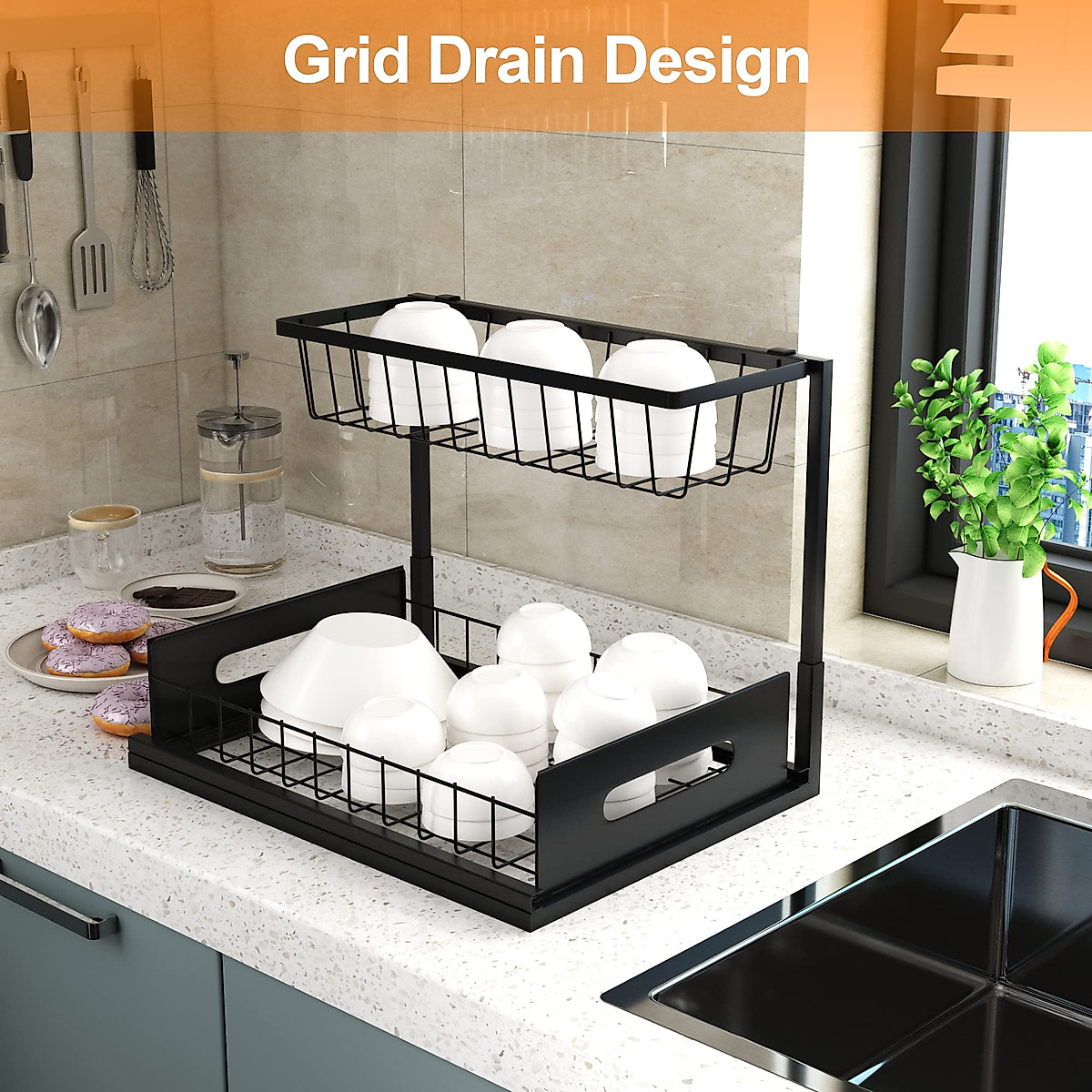 Under Sink Organizer, DIFEN 2-Tier Sliding Cabinet Basket Organizer for Under Sink Storage in Bathroom and Kitchen - Black