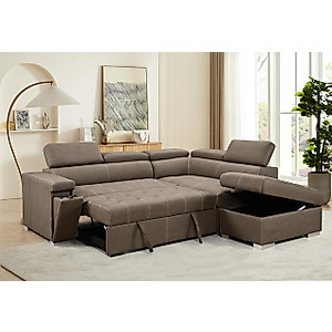 THSUPER 100" Microfiber L Shape Sleeper Sectional Sofa with Pullout Bed. 5-Seats Sectional Couch with Storage Ottoman and Cup Holder. Adjustable Headrest with Sectional Sleeper Couch. Brown