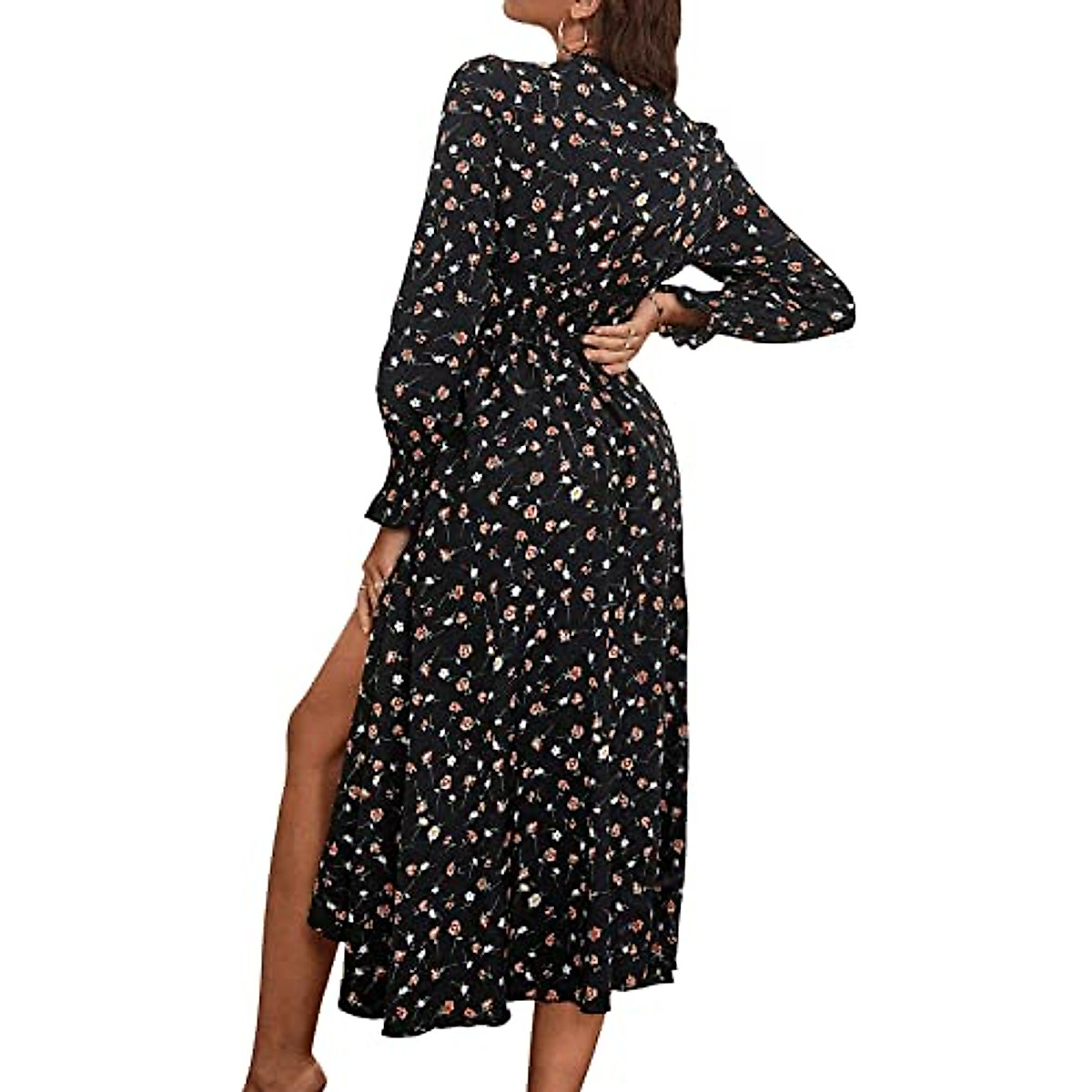 SweatyRocks Women's Deep V Neck Long Sleeve Floral Dress Boho Split A Line Long Dresses Black XL