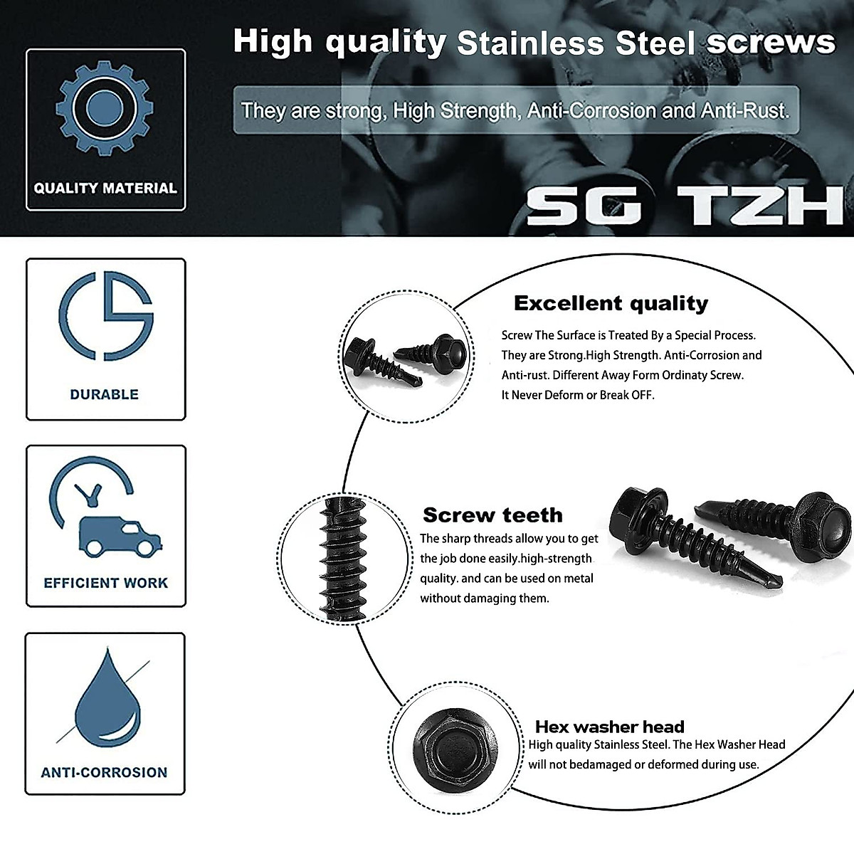#8 x 1" Sheet Metal Screws 100PCS 410 Stainless Steel Hex Washer Head Tek Screws Fast Self Tapping Screws Black Oxide by SG TZH