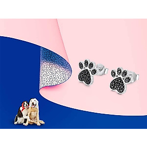 S925 Sterling Silver Jewelry Puppy Dog Cat Pet Paw Print Black CZ Stud Earrings
