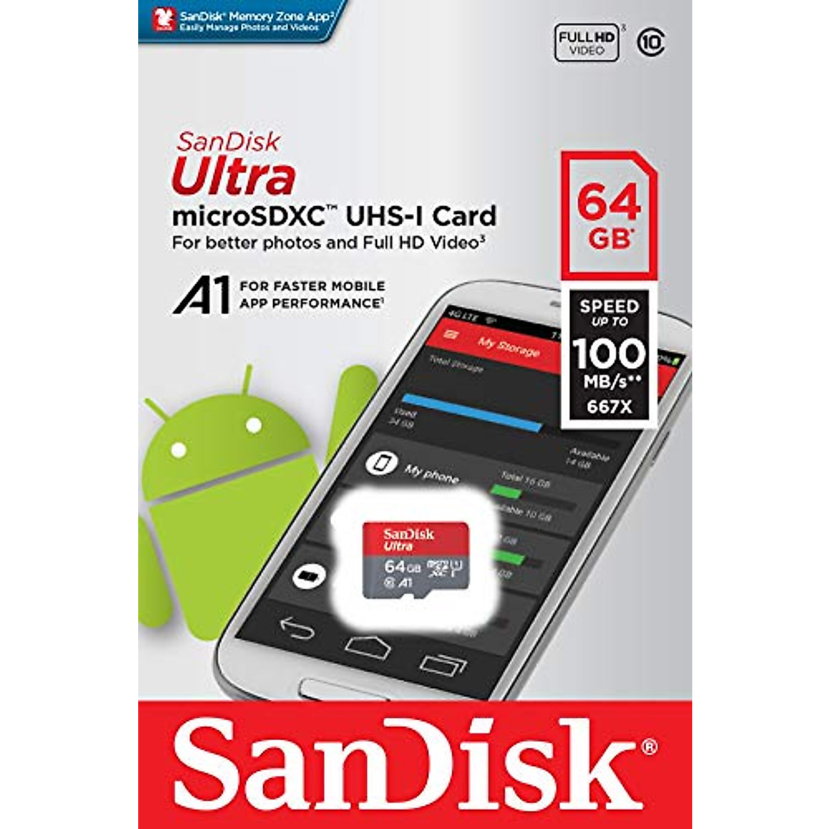 SanDisk 64GB Ultra MicroSDXC UHS-I Memory Card with Adapter - 100MB/s, C10, U1, Full HD, A1, Micro SD Card - SDSQUAR-064G-GN6MA