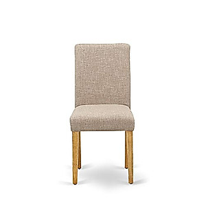 East West Furniture DLAB3-OAK-04 3Pc Round 42" Dining Room Table With Two 9-Inch Drop Leaves And 2 Parson Chair With Oak Leg And Linen Fabric Light Fawn, 3 Pieces