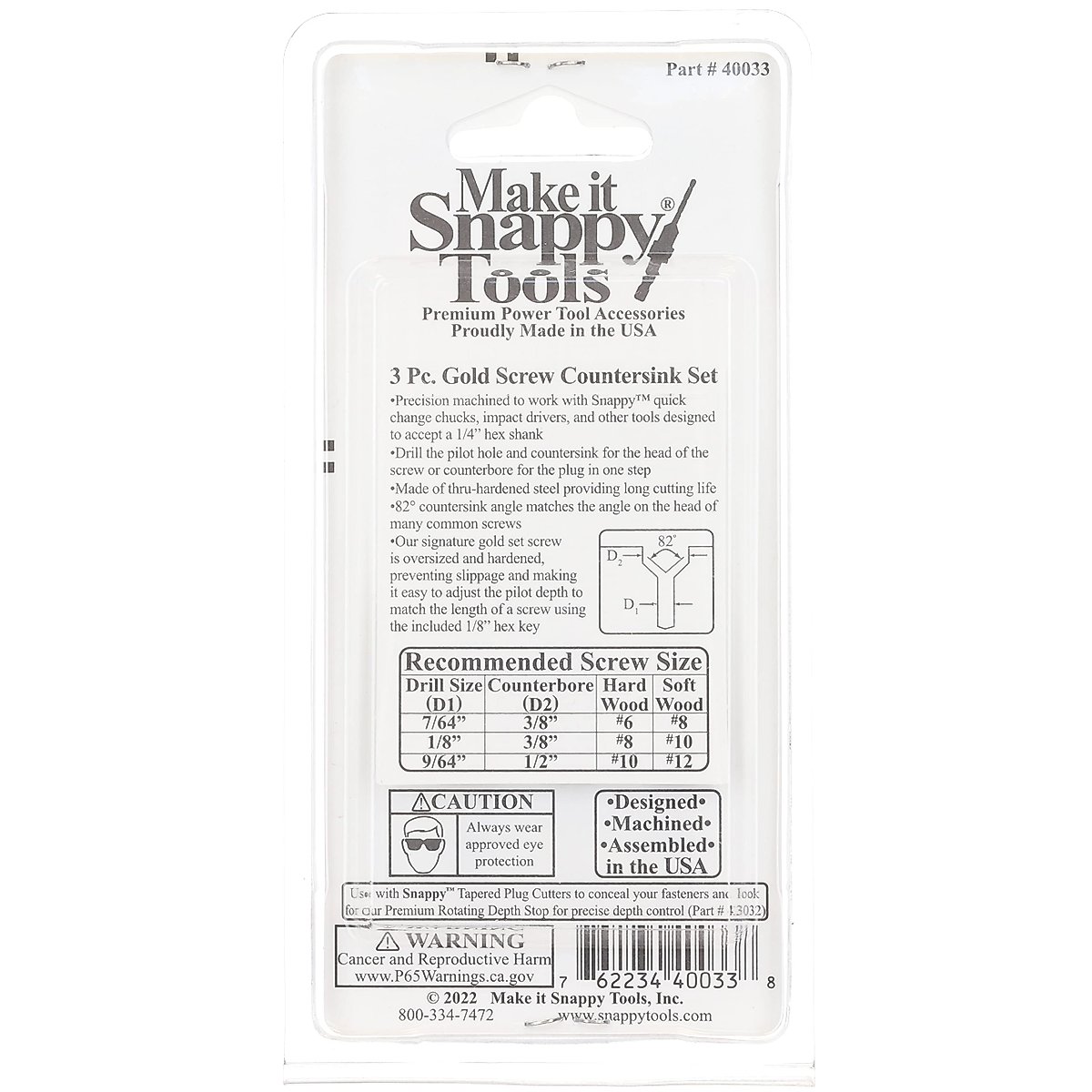 Make it Snappy Tools Quick-Change 3-Pc. Countersink Drill Bit Set. Proudly Made in The USA.