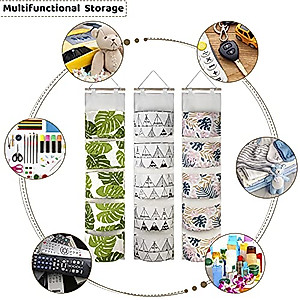 YOCOMEY 3Pcs Wall Closet Hanging Storage Bag with 5 Pockets, Waterproof Linen Fabric Over The Door Organizer, Multifucional Stylish Hanging Storage Pouches for Bedroom Bathroom (House/Leaf)