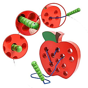 JCREN Wooden Lacing Apple Threading Toys Wood Lace Block Puzzle Shape Travel Game Toys Early Learning Fine Motor Skills Educational Gift for 3 4 5 Years Old Toddlers Baby Kids Boys