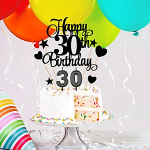 30th Birthday Cake Decorations Set Include 30th Birthday Candles Numeral 30 Cake Candles and Happy 30th Birthday Cake Toppers with Heart Star Cupcake Picks for Birthday Party (Black Series)