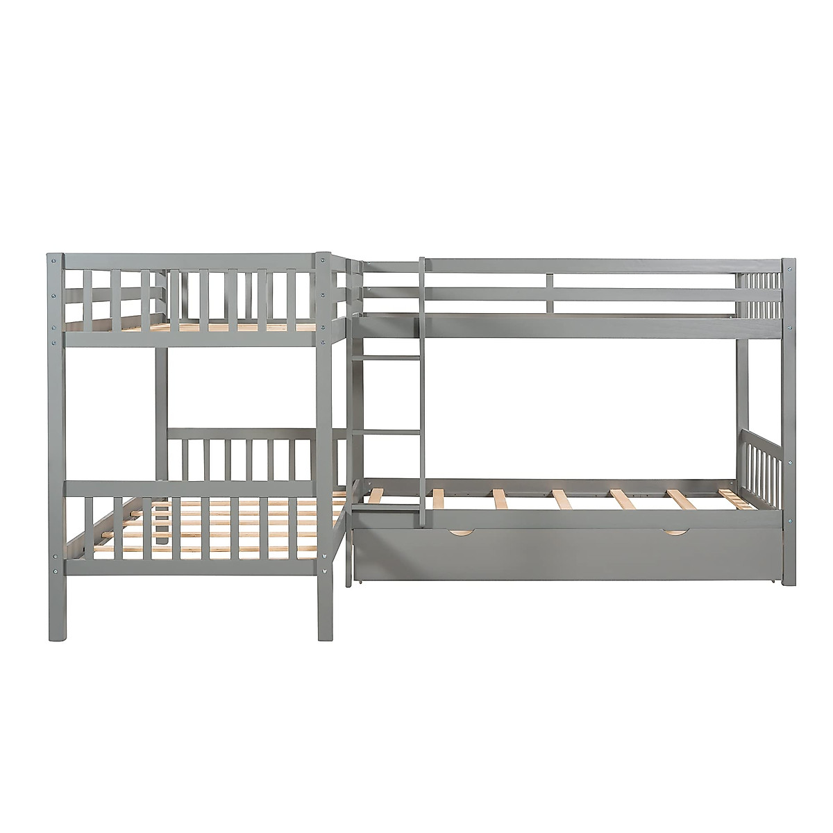 YUNLife&Home L-Shaped Bunk Beds for 4,Solid Wood Bunk Bed Frame with 3 Storage Drawers,Twin Over Twin Size Corner Bunk Bed,Wood Quad Bunk Beds Frame for Kids Teens Girls Boys