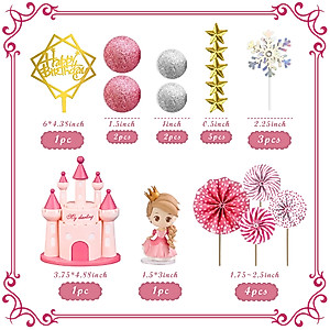 19PCS Princess Cake Topper Castle Cake Decoration for Girl with Snowflake and Stars for Girl Kid Happy Birthday Party Decorations Princess Baby Shower Supplies (Pink)