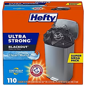 Hefty Ultra Strong Tall Kitchen Trash Bags, Blackout, Clean Burst, 13 Gallon, 110 Count
