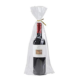 100 Gusset Cello Bags with Ties - 2.8 mil Big Size Gift Wrap Cellophane Bag - Clear Wine Bottle Gift Bags Large for Favor (8" x 16" + 4")