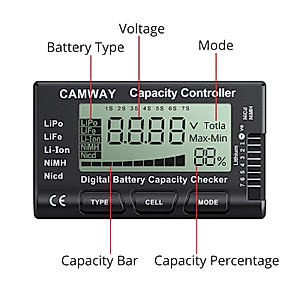 CAMWAY 5PCS 2in1 1-8s Lipo Battery Voltage Tester,RC Low Voltage Buzzer Alarm+ Digital Battery Capacity Tester RC Cellmeter-7 Lipo Battery Tester LCD Battery Checker Controller
