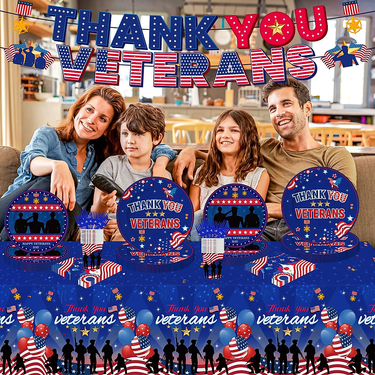 Veterans Day Decorations Tableware 102pcs Patriotic Theme Party Decorations Set Include Thank You Veterans Banner Plates Napkins Cups Forks and Tablecloth for Happy Veterans Day Supplies