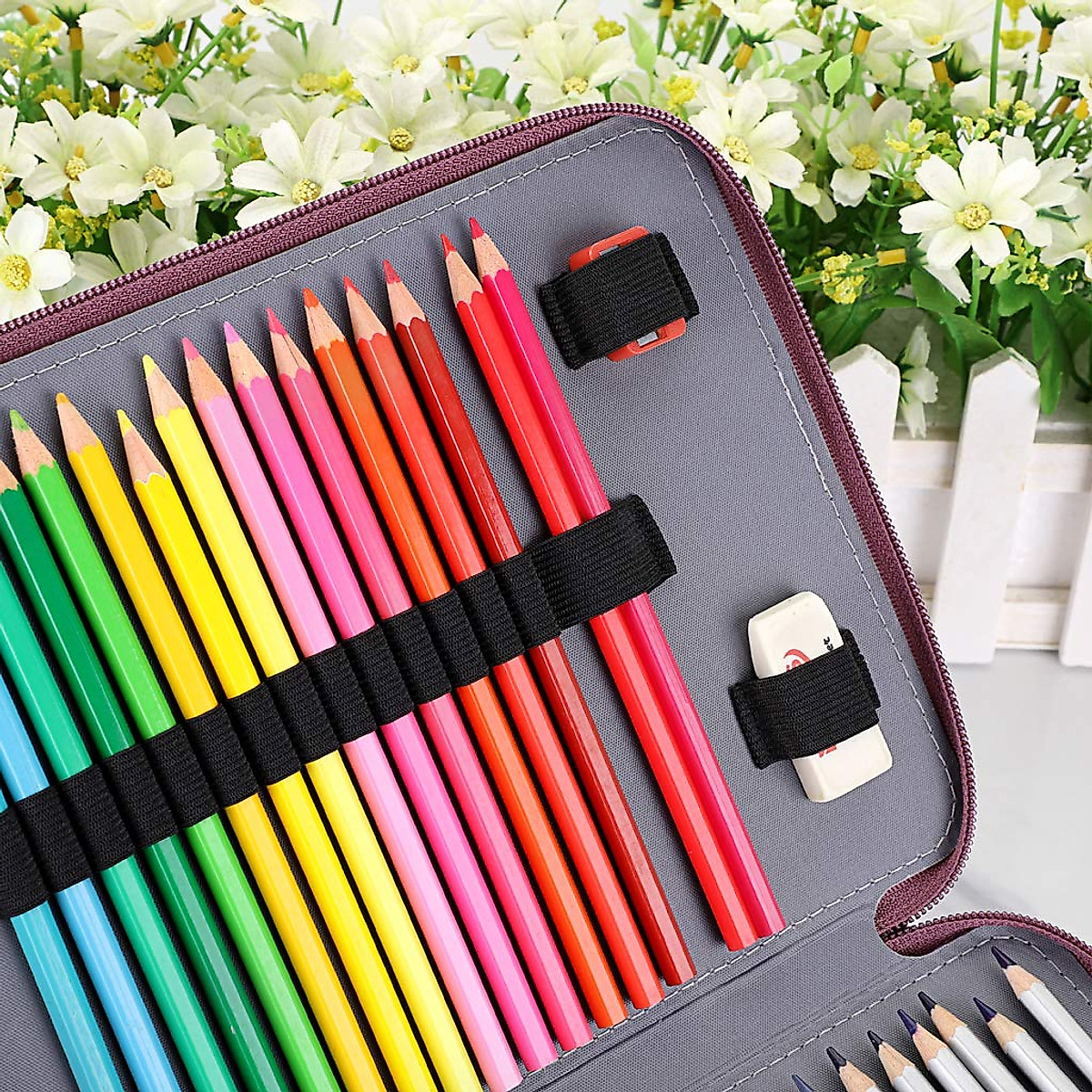 BTSKY Colored Pencil Case- 160 Slots Pencil Holder Pen Bag Large Capacity Pencil Organizer with Handle Strap Handy Colored Pencil Box with Printing Pattern Purple Stars