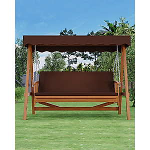 GarveeLife Wooden Patio Swing with Adjustable Canopy, 3-Seater Wood Patio Swing Bench with Removable Cushion, Patio Swing Glider with Flatbed for Backyard Garden Balcony Poolside, Brown