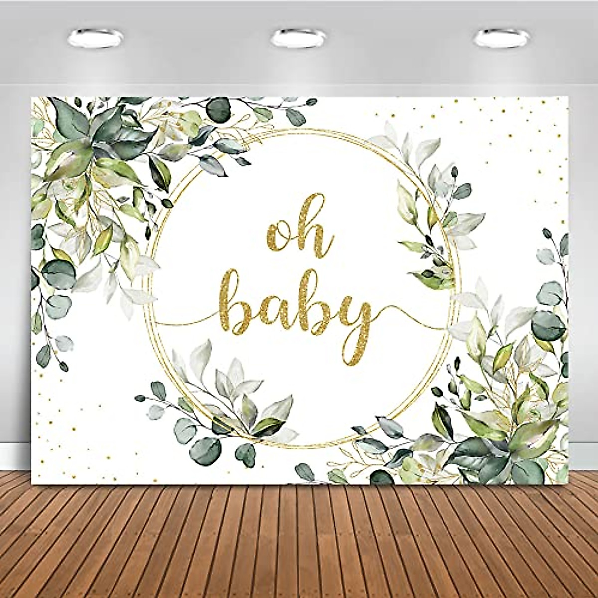 Mocsicka Greenery Baby Shower Backdrop Gold Oh Baby Background Green Eucalyptus Baby Shower Party Cake Table Decoration Banner Photo Booth Props (8x6ft)