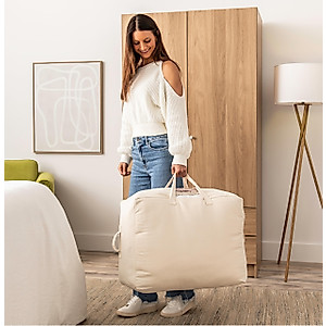 Soft Canvas Storage Bags with Zipper. Thick Breathable, 1pc King/Queen Comforter Organizer. Four Carrying Handles and Window. Large 25x19x9in Bag for Sheets Blankets Bedding Pillows, Clothes