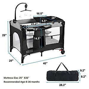 4 in 1 Portable Pack n Play, Baby Bedside Crib w/Bassinet, Folding Nursery Center Playard, Large Playpen for Infant and Toddler, Newborn Changing Table, Storage, Grey Basket, Side Zipper, Travel Bag