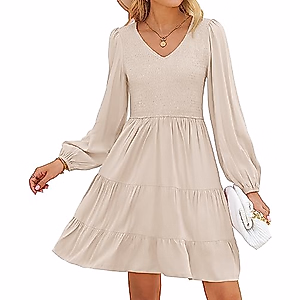 ZESICA Women's Casual V Neck Long Sleeve Smocked High Waist Ruffle A Line Tiered Mini Dress,Beige,Large